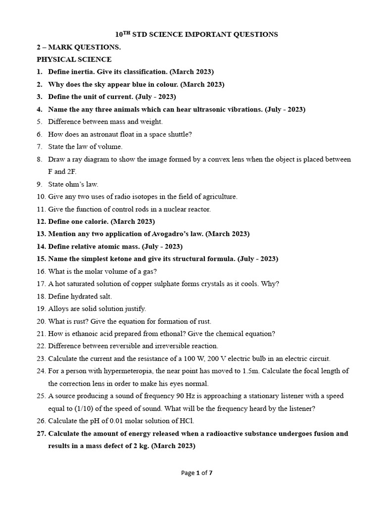 10TH STD Science Important Questions | PDF | Calcium | Carbonate