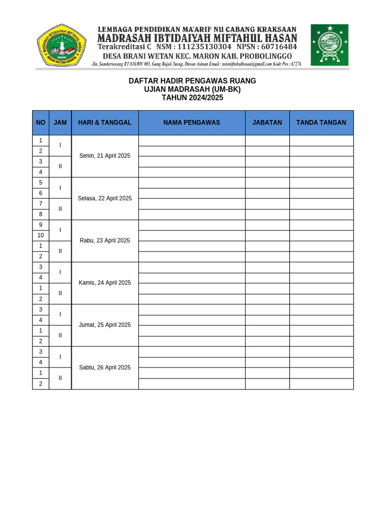 Daftar Hadir Pengawas Ruang | PDF