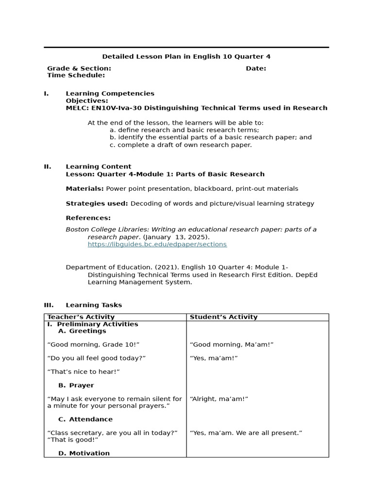 Detailed Lesson Plan On Research | PDF | Knowledge | Lesson Plan