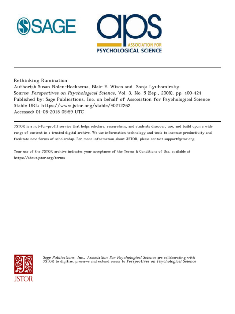 Rethinking Rumination - Nolen-Hoeksma - 2008 | PDF | Neuropsychology | Emotions