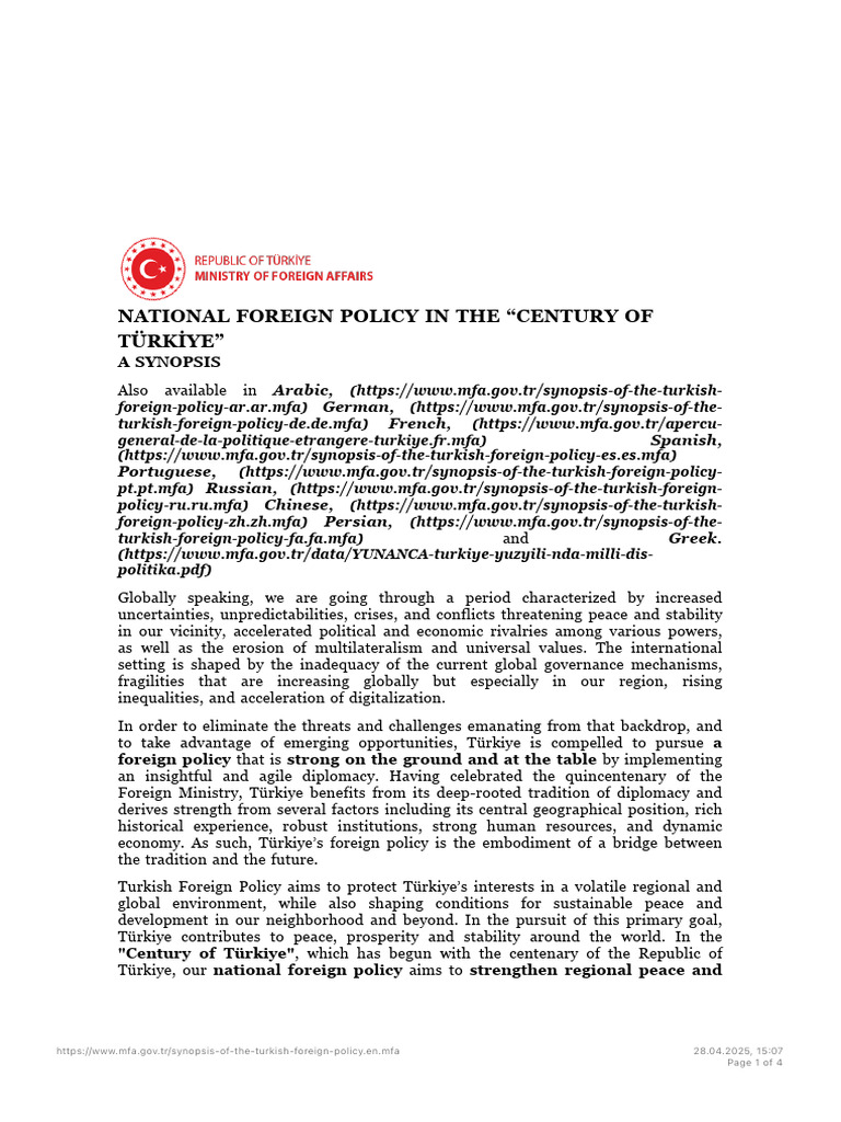 NATIONAL FOREIGN POLICY IN THE "CENTURY OF TÜRKİYE" - Republic of ...