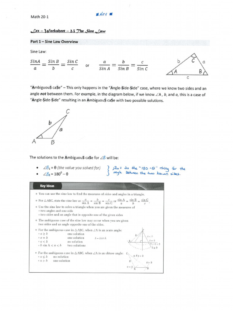 l50 Worksheet 2.3 The Sine Law Answer Key | PDF