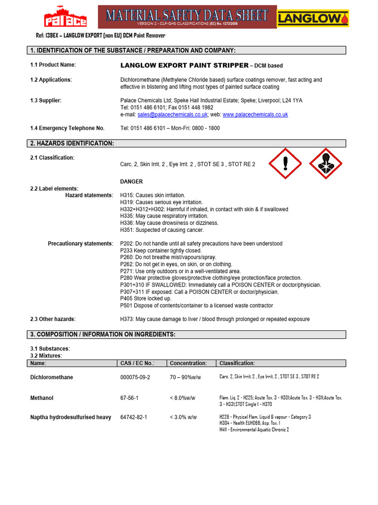 Coshh Msds CLP GHS LANGLOW EXPORT PAINT STRIPPER 2015 2 | PDF ...