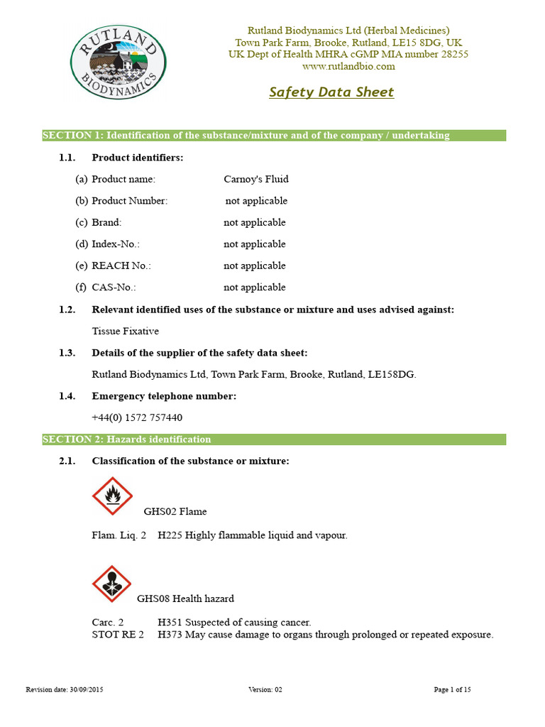 Carnoys Fluid MSDS 2015093003a7 | PDF | Dangerous Goods | Toxicity