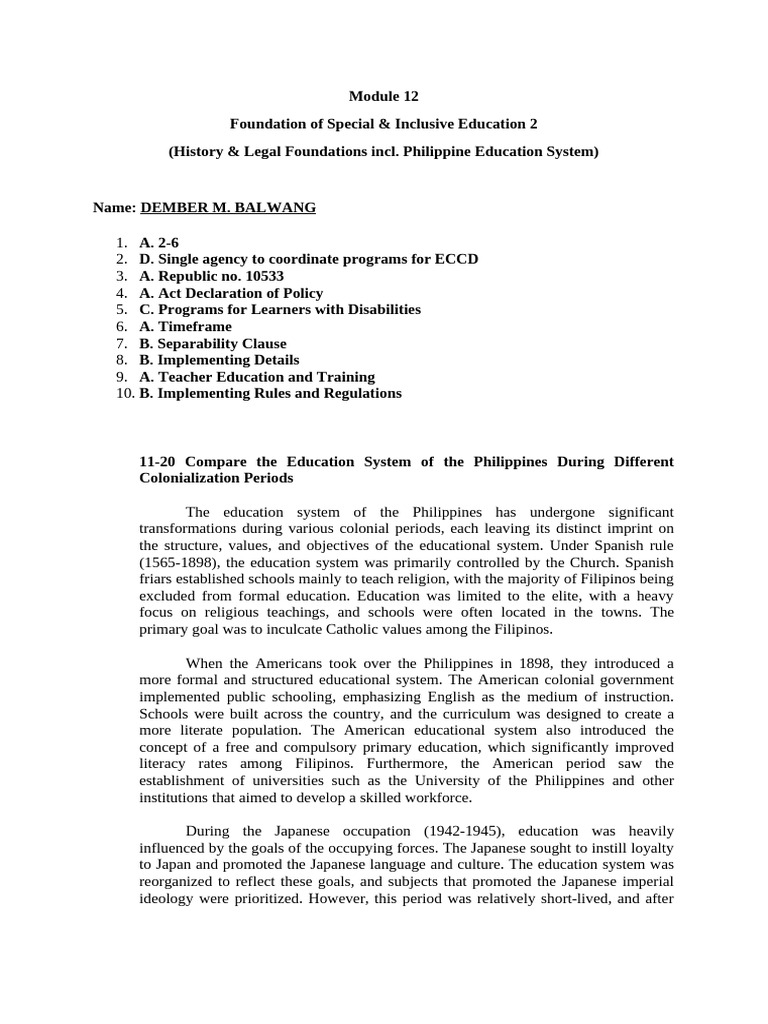 Module 12-Foundation of Special & Inclusive Education 2- ANSWER | PDF ...