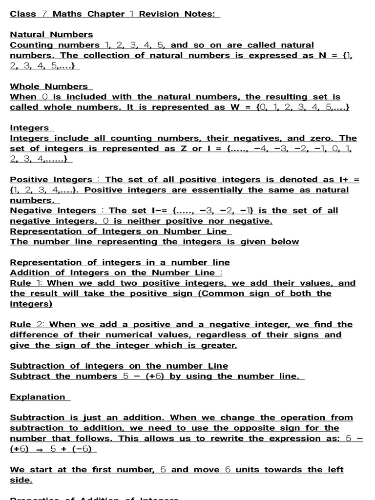 Class 7 Maths Integers Notes PDF | PDF