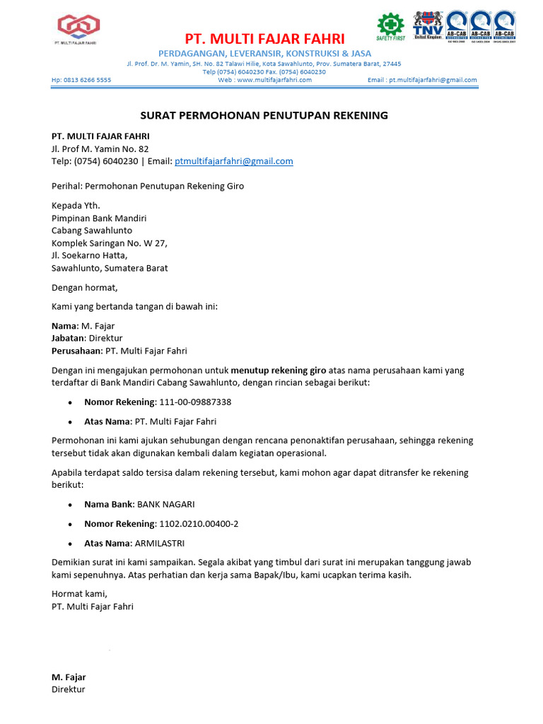 Surat Permohonan - PT. Multi Fajar Fahri | PDF