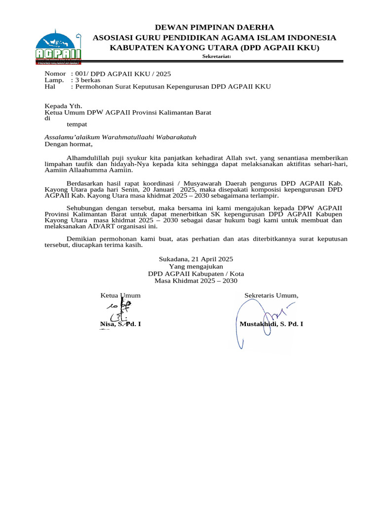 Contoh Surat Permohonan SK DPD AGPAII Kab-Kota | PDF