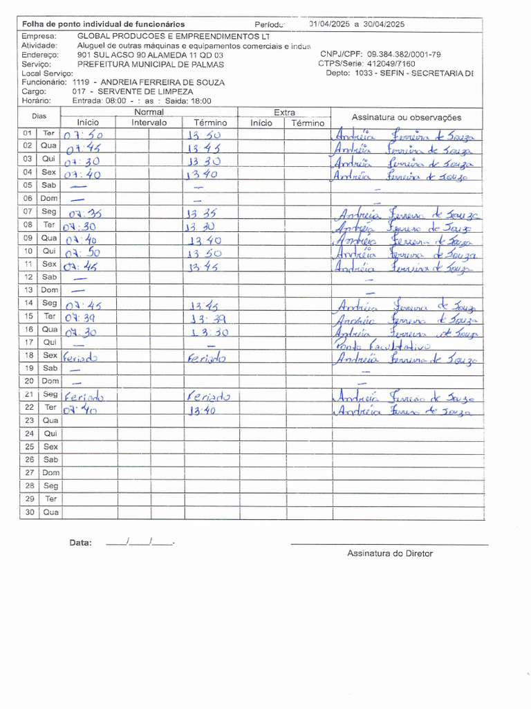 Folha de ponto Andreia | PDF