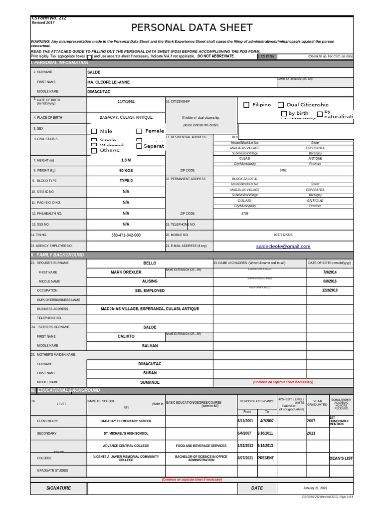 Personal Data Sheet (PDS) Template | PDF | Identity Document | Government