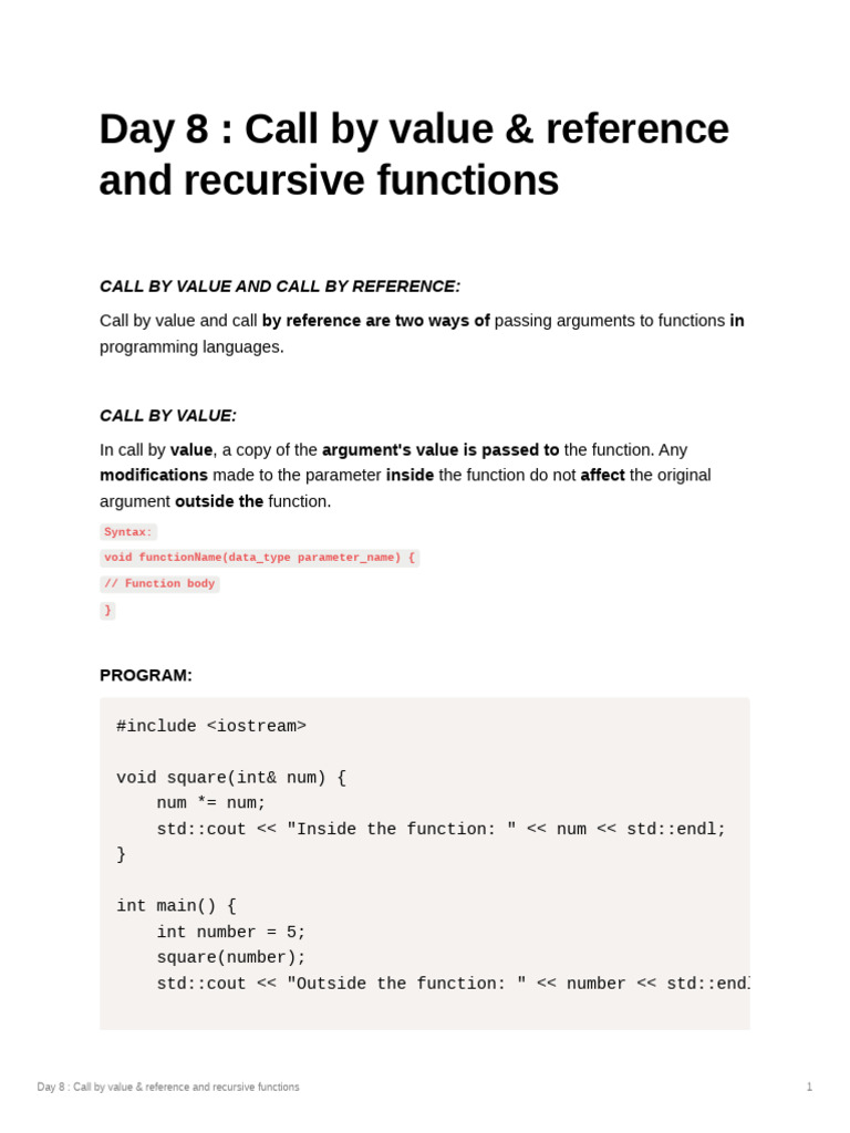 Day 8 Call By Value Reference And Recursive Functions Pdf Parameter