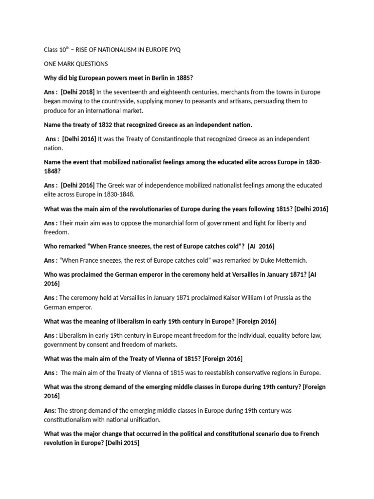 Pyq Rise of Nationalism in Europe 10th | PDF | Nationalism | United Kingdom