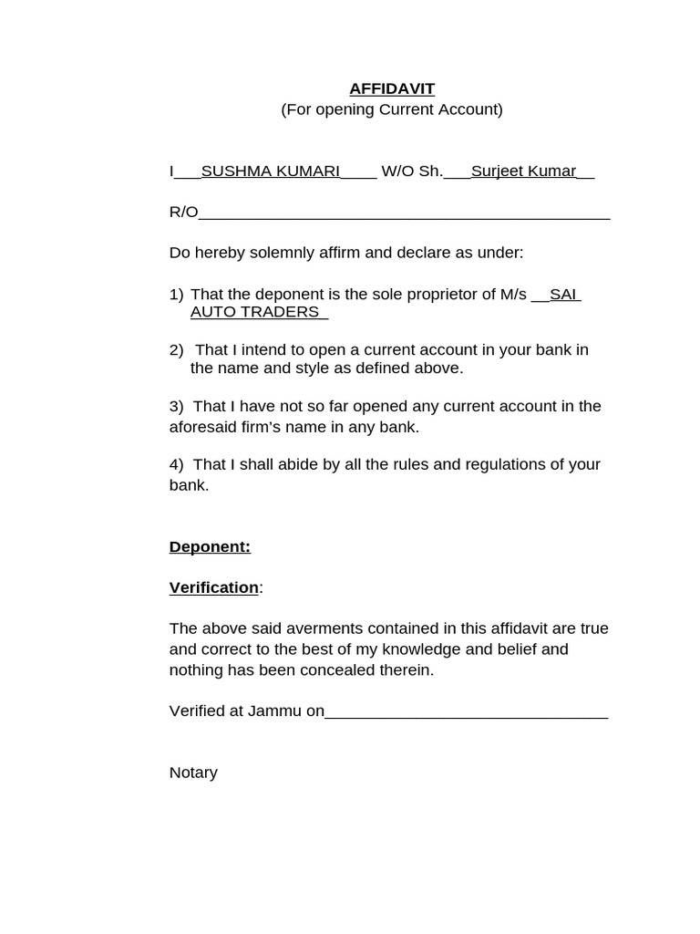 Affidavit For Opening Current Account SAI AUTO | PDF