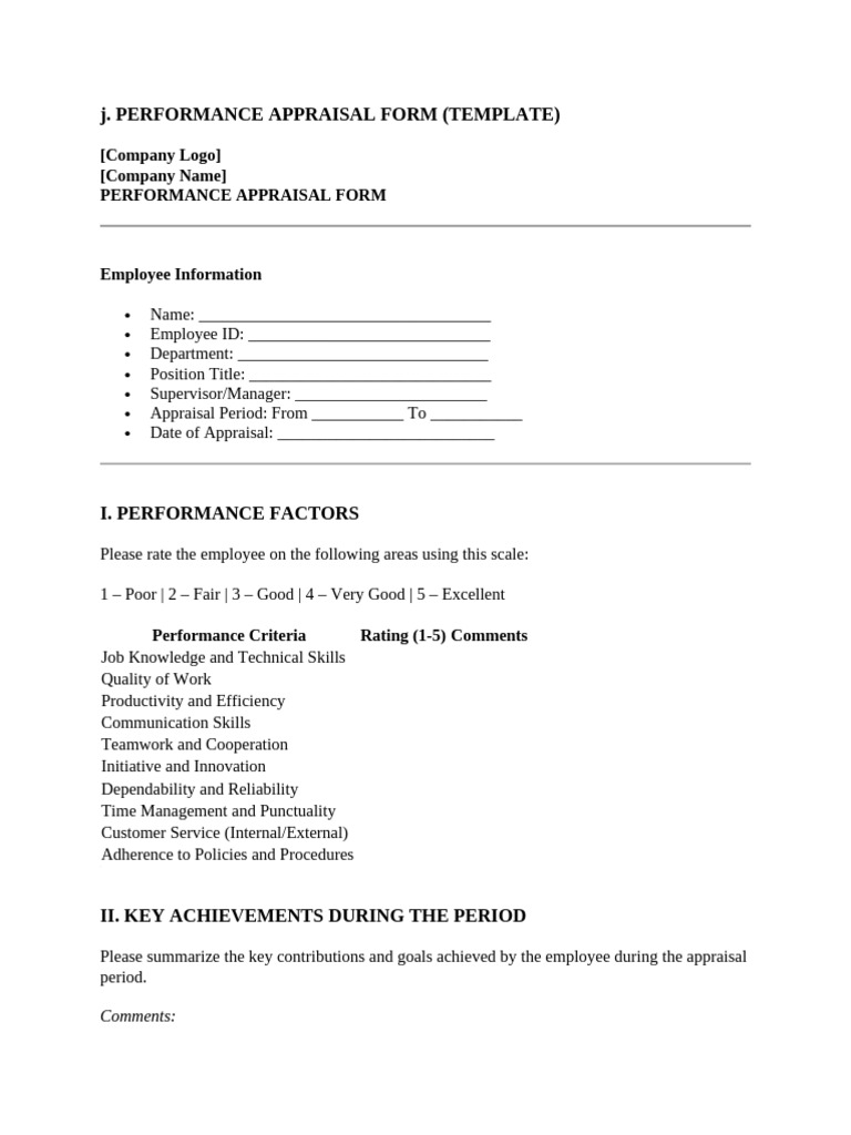 Performance Appraisal Form Template | PDF