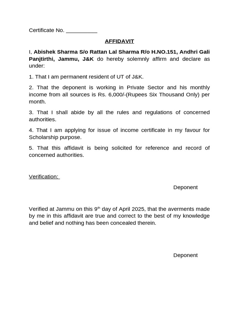 Affidavit Income Certificate Abishek Sharma | PDF