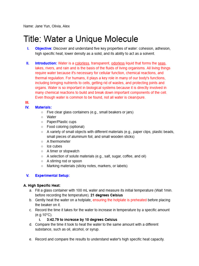Lab - Water - A Unique Molecule | PDF | Chemical Polarity | Water