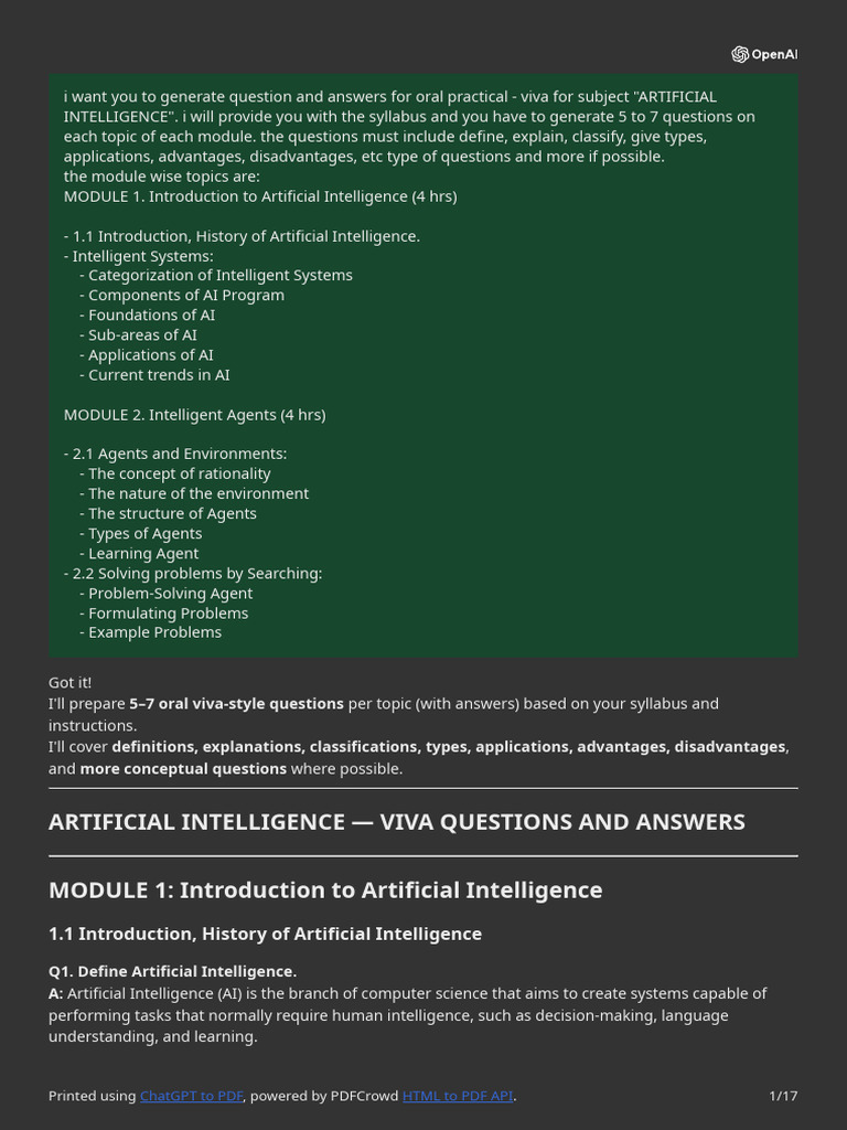 Artificial Intelligence - Viva Questions and Answers | PDF | Artificial ...