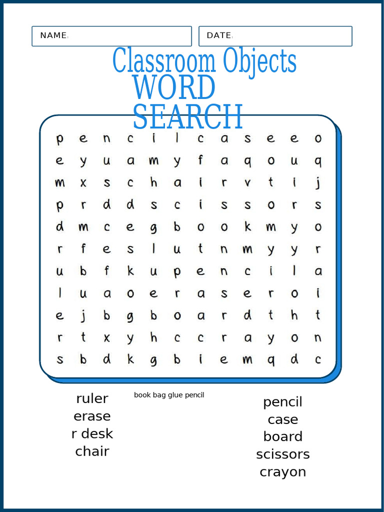 Classroom Objects Word Search Puzzle | PDF