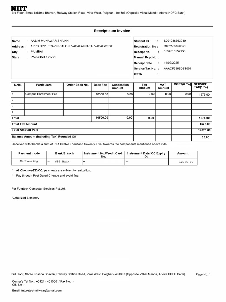 AASIM SHAIKH-331938579-NIITrecipt | PDF