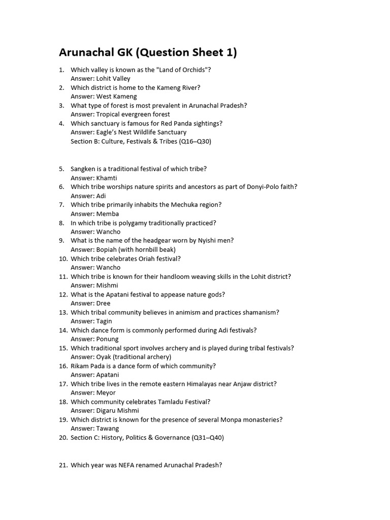 Arunachal GK Question Sheet 1 | PDF