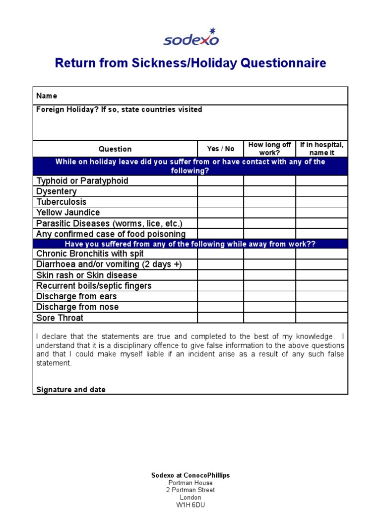 Sickness and Holiday Return Questionnaire | PDF | Self-Improvement ...