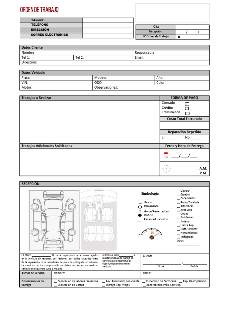 Orden de Trabajo para Taller Mecánico | PDF | Vehículo de motor | Coche