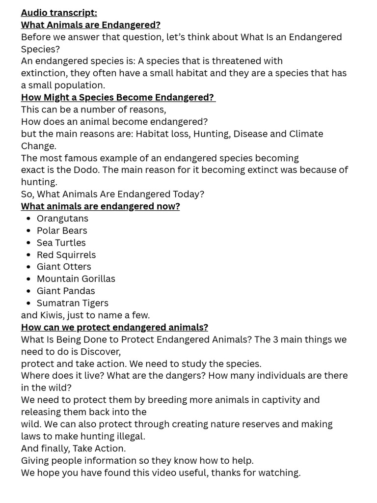 Transcript What Animals Are Endangered Before We Answer That Question, Let's Think About What Is ...