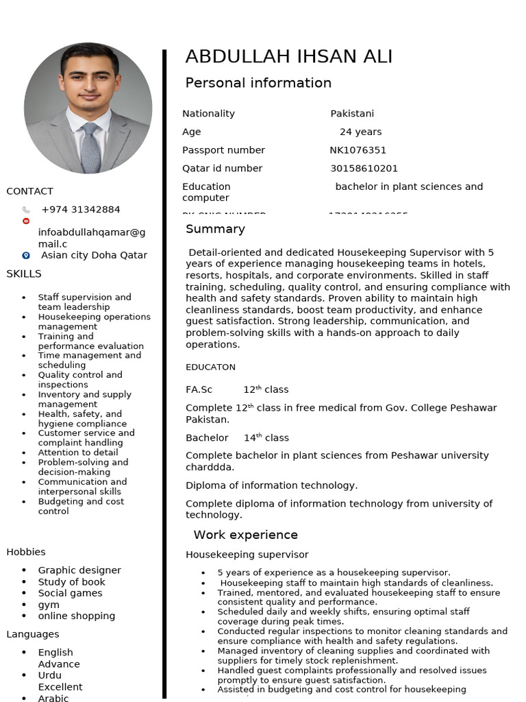 Abdullah Ihsan Ali Housekeeping Supervoiser CV | PDF | Housekeeping | Regulatory Compliance