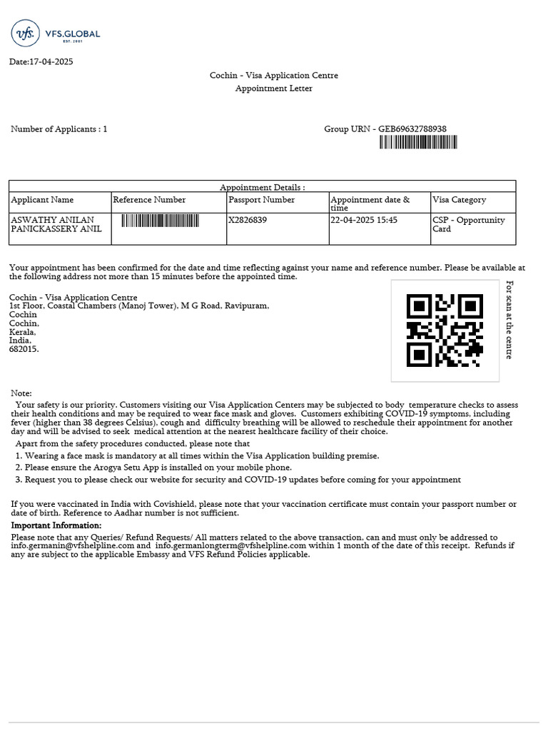 VFS Global Cochin Appointment Confirmation | PDF | Travel Visa