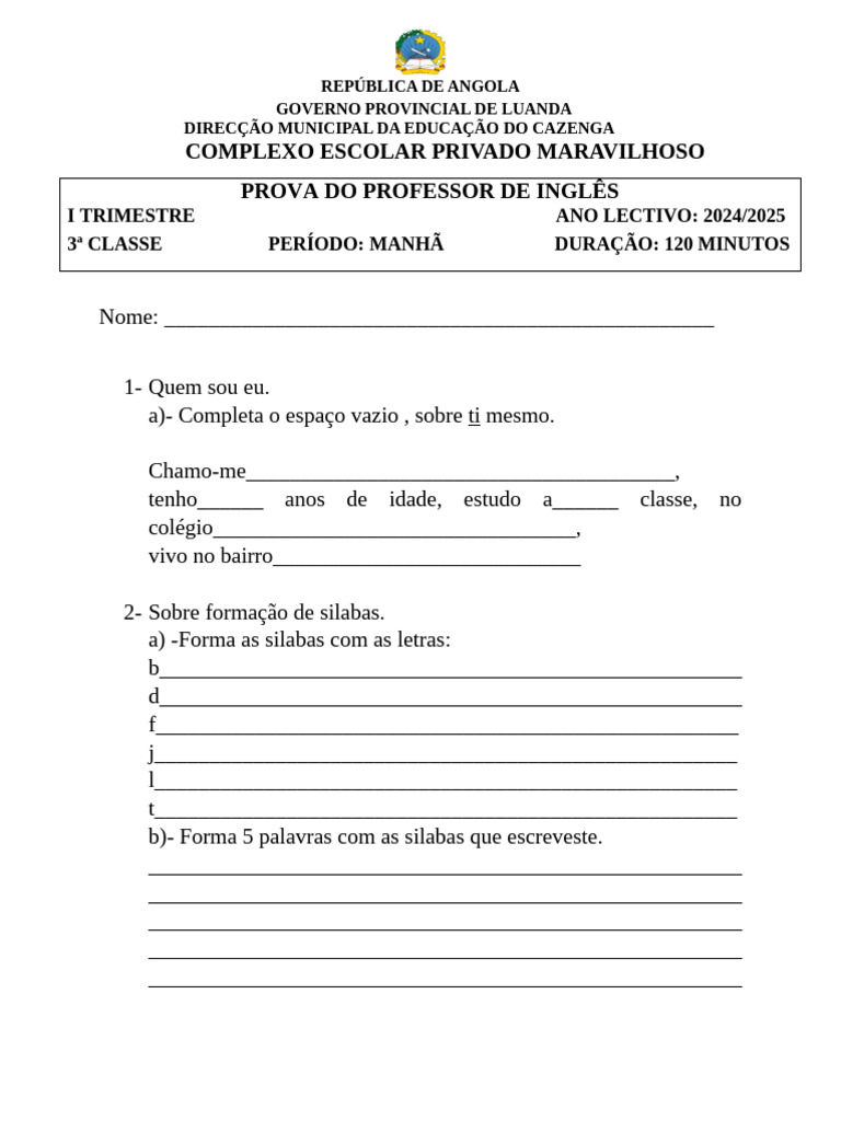 Provas de Língua Portuguesa e Inglês | PDF | Idiomas | Estudos de ...