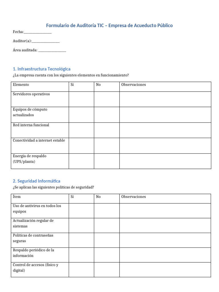 Formulario Auditoria TIC Acueducto | PDF | La seguridad informática | Seguridad