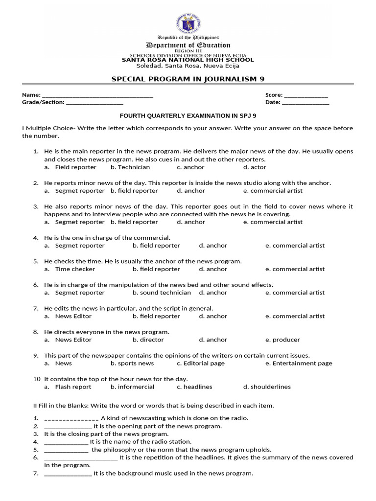 SPJ 9 Fourth Quarterly Exam Guide | PDF | News | Mass Media