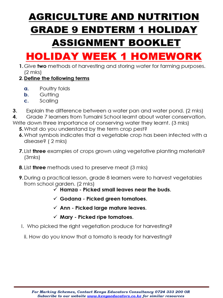 Grade 9 Agriculture Holiday Assignment | PDF | Foods | Agriculture
