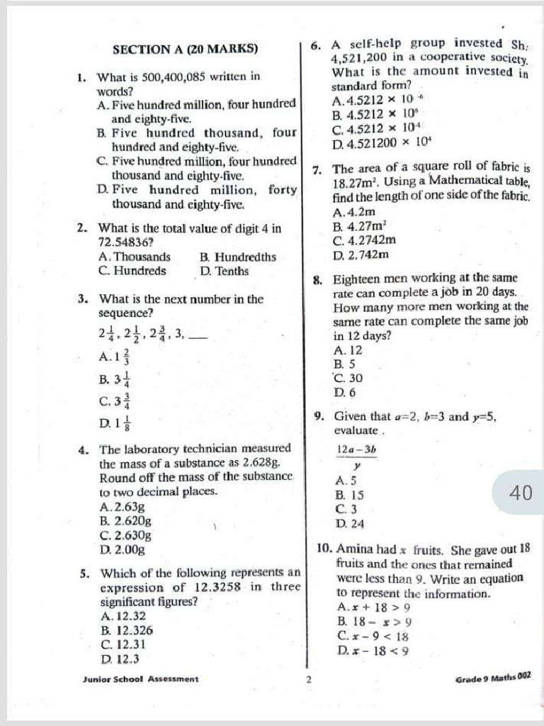 Grade 9 Mathematics Holiday Assignment | PDF