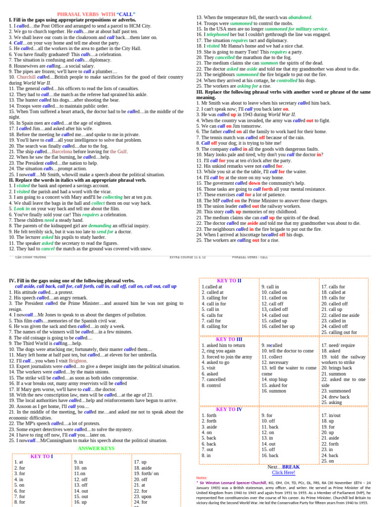 PHRASAL VERBS CALL Exercises Keys | PDF