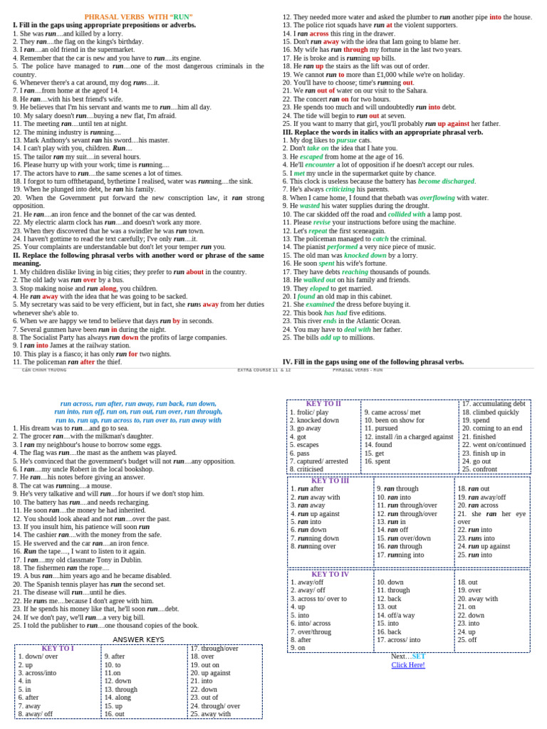 PHRASAL VERBS RUN Exercises Keys | PDF