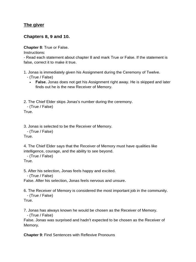 The Giver Chapters 8-10 Quiz and Exercises | PDF