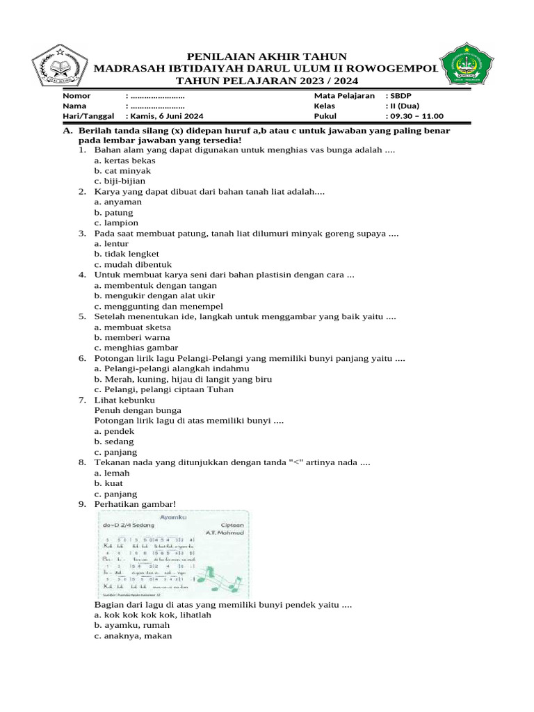 Soal PAT Kelas 2 - SBDP | PDF
