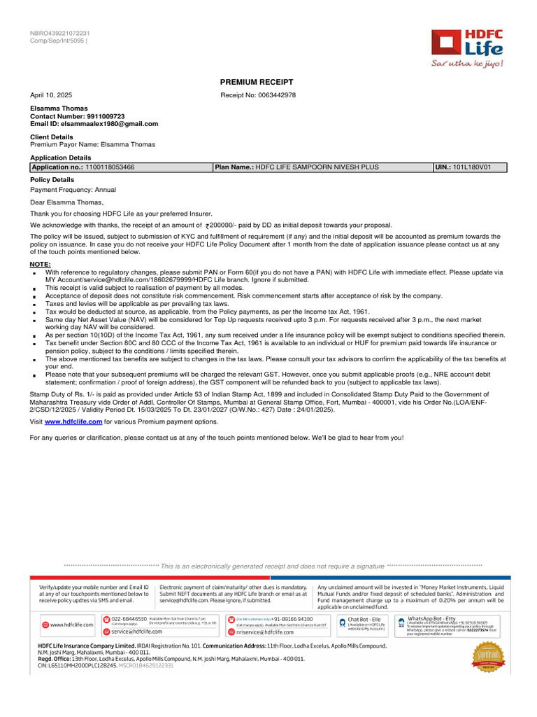 HDFC Life Premium Receipt - April 2025 | PDF | Taxes | Insurance