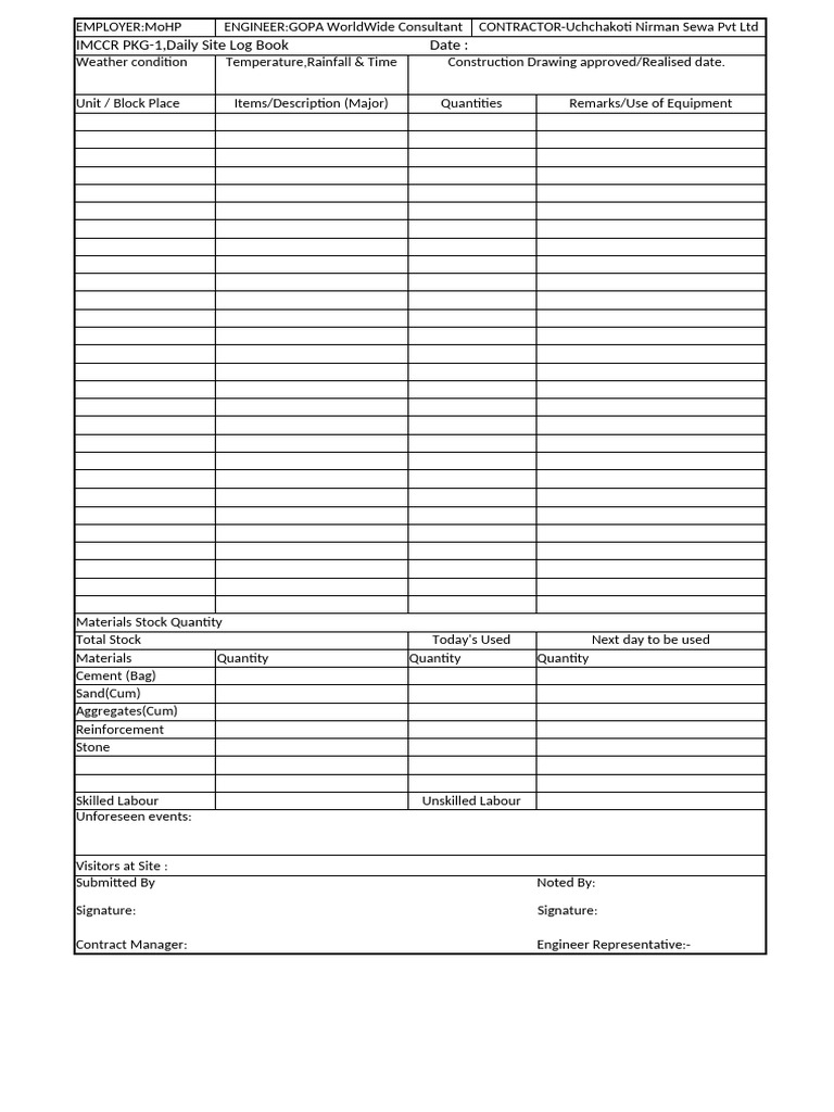 Daily Site Log Book Formate1 | PDF