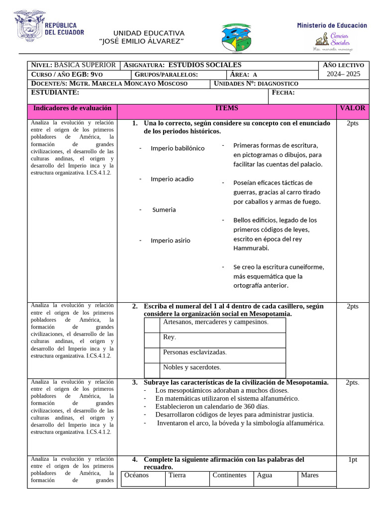Diagnostico Eess Noveno 2024 | PDF | Mesopotamia | Meteorología