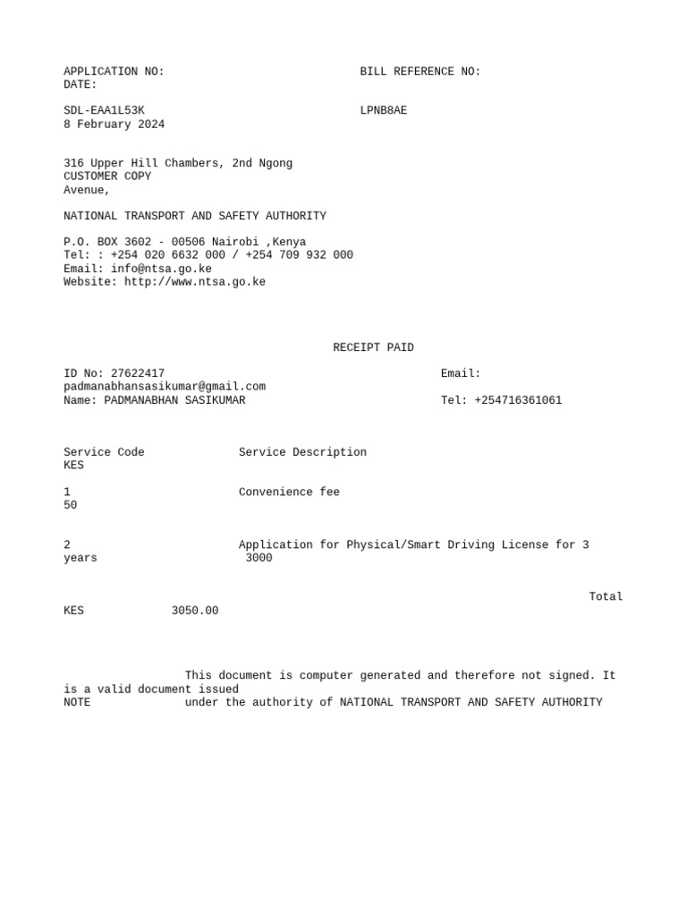 704472284 SDL EAA1L53K RECEIPT Smart Dl Application Invoice | PDF