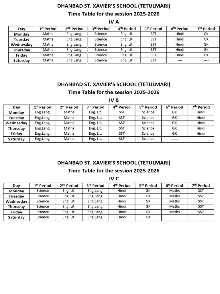 Class 4 Time Table 2025-2026 | PDF