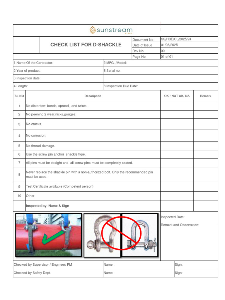 Sunstream Check List for D- Shackle | PDF
