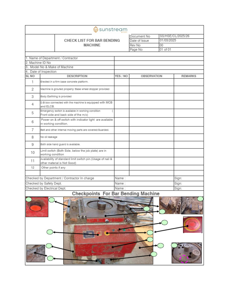 Bar Bending Machine Inspection Checklist | PDF