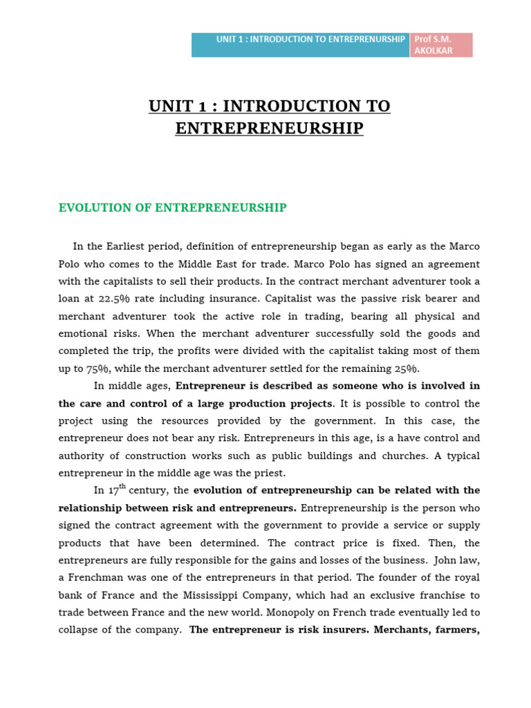 UNIT 1 - INTRODUCTION TO ENTREPRENurship-1 | PDF | Entrepreneurship ...