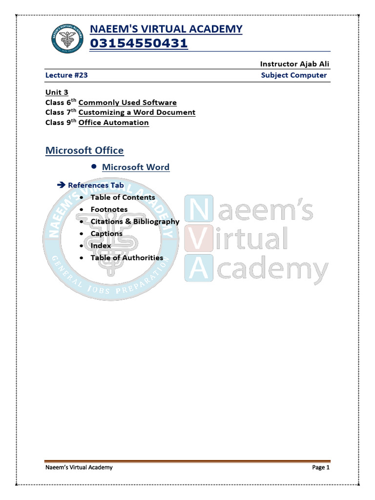 Lec 23 MS Word References Tab (Part 1) | PDF