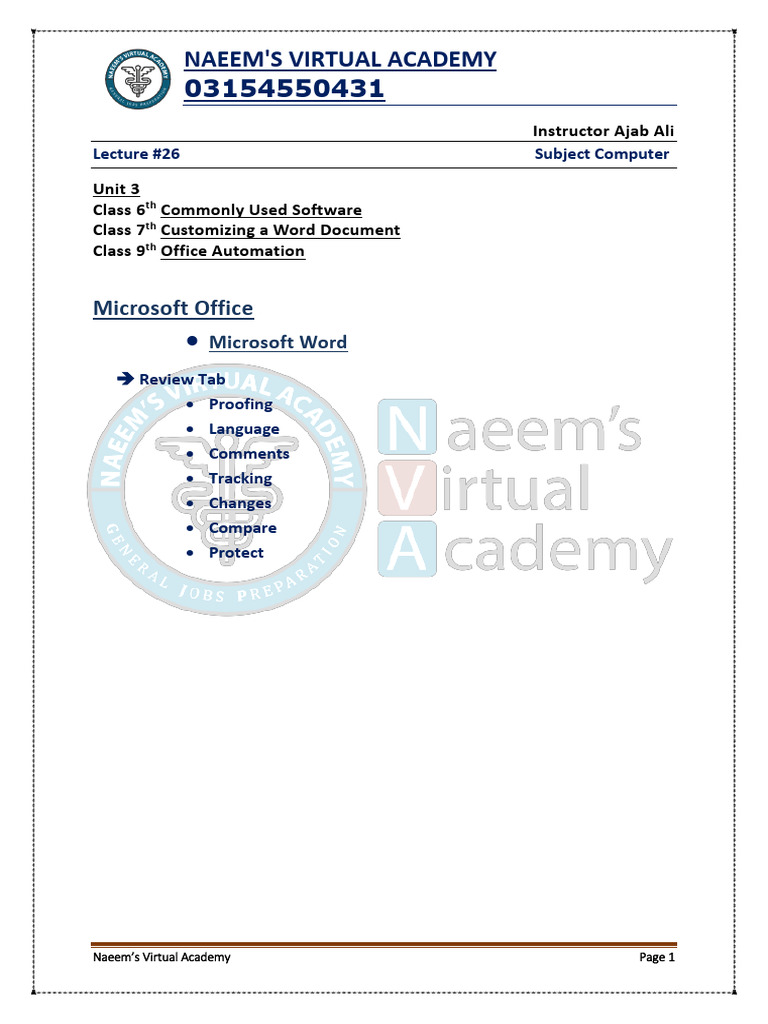 MS Word Review Tab Overview and Exercises | PDF