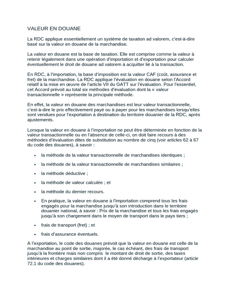 Valeur en Douane en RDC : Guide Pratique | PDF | Transport | Économie