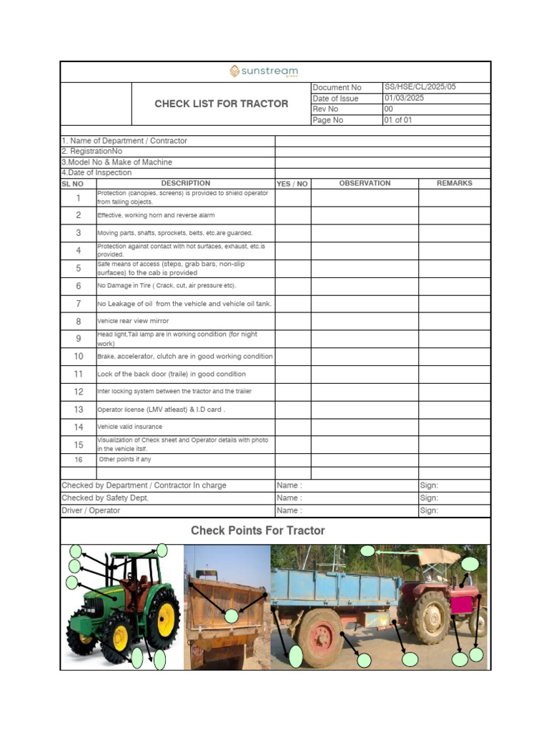 Tractor Inspection Checklist Template | PDF | Tractor | Vehicles